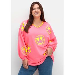 sheego loves miss goodlife Große Größen: Sweatshirt mit Smileyprint und Glitzersteinen, pink, Gr.52