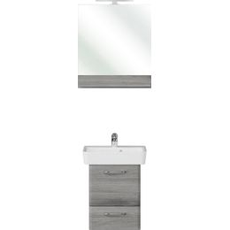 Saphir Badmöbel-Set Quickset 2-teilig, Keramikwaschtisch mit LED-Spiegel, 50 cm breit, (4-St), Waschplatz mit 1 Tür, 1 Schublade, inkl. Türdämpfer, Gäste Bad-Set, grau