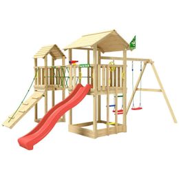 Jungle Gym Spielturm Nova, Spielanlage mit 2 Türmen, Schaukel und Rutsche mit Wasseranschluss, grün|rot
