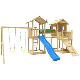 Jungle Gym Spielturm Stronghold, Spielanlage mit 2 Türmen, Schaukel und Rutsche mit Wasseranschluss, blau|grün