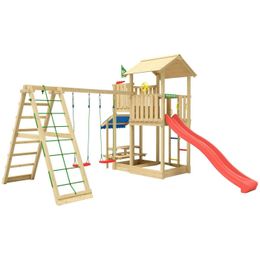 Jungle Gym Spielturm Veranda, Spielanlage mit Schaukel, Kletterbock und Rutsche mit Wasseranschluss, grün|rot