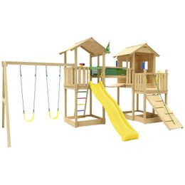 Jungle Gym Spielturm Stronghold, Spielanlage mit 2 Türmen, Schaukel und Rutsche mit Wasseranschluss, gelb|grün