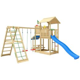 Jungle Gym Spielturm Veranda, Spielanlage mit Schaukel, Kletterbock und Rutsche mit Wasseranschluss, blau|grün