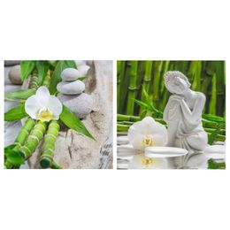 Levandeo® Glasbild, Levandeo 2er Set Glasbild 30x30cm Buddha Weiße Orchidee Bambus