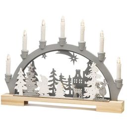 Konstsmide Schwibbogen LED Holzsilhouette, Wanderer im Wald mit Tieren, Weihnachtsdeko, wählbare Energiefunktion, 7 klare Birnen, 10 warm weiße Dioden