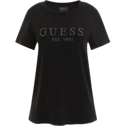 Guess T-Shirt, Rundhals-Ausschnitt, Strass-Logo, für Damen, schwarz, XS