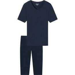 Schiesser Capri-Pyjama, V-Ausschnitt, Baumwolle, für Damen, blau, 40
