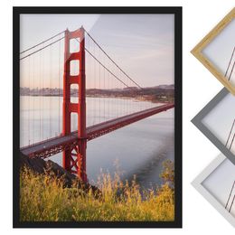 Bilderwelten Bild mit Rahmen Golden Gate Bridge in San Francisco - gerahmte Wandbilder Print Skyline Stadt Schlafzimmer Wohnzimmer Flur Esszimmer Blau