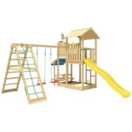 Jungle Gym Spielturm Veranda, Spielanlage mit Schaukel, Kletterbock und Rutsche mit Wasseranschluss, gelb|grün
