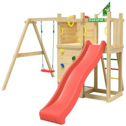 Jungle Gym Spielturm Deck, Spielanlage mit Schaukel und Rutsche mit Wasseranschluss, grün|rot