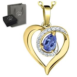Limana Herzkette Edelstein Tansanit blau 925 Silber Gold Damen Kette mit Herz-Anhänger (inkl. Herz Geschenkdose und Tasche)
