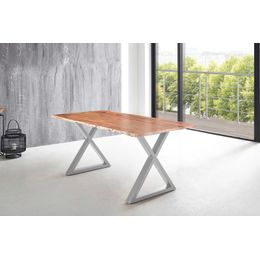 Esstisch Baumkante massiv Akazie natur 160 x 85 X-Gestell silber LUBIN