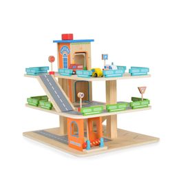 Moni Kinderspielzeug Holz-Parkhaus drei Etagen 25-tlg. 4 Autos 3 Etagen Schranke bunt