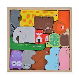 Moni Kinder Puzzle Tiere 3002 Holz, Sortierspiel, Farbpuzzle, 14 bunte Tiere bunt