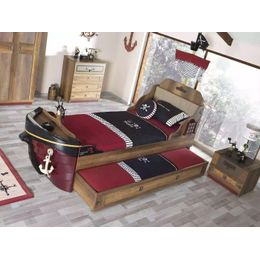 JVmoebel Jugendzimmer-Set Set Kinderzimmer Pirat Bett Nachttisch Kommode Holz Braun 3tlg