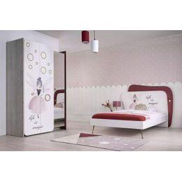 JVmoebel Jugendzimmer-Set Weiß Rosa Kinderzimmer Set Bett Nachttisch Kleiderschrank Holz 3tlg