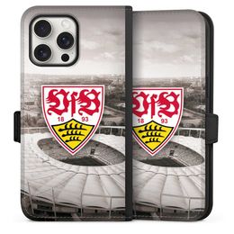DeinDesign iPhone 15 Pro Max Handy Klapph&uuml;lle Handyh&uuml;lle aus Kunst Leder schwarz Flip Case Official Licensed Product Vfb Stuttgart Stadium Sideflip mit Lasche