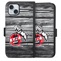 DeinDesign iPhone 15 Handy Klapph&uuml;lle Handyh&uuml;lle aus Kunst Leder schwarz Flip Case 1. Fc K&ouml;ln Wooden Look Official Licensed Product Sideflip mit Lasche