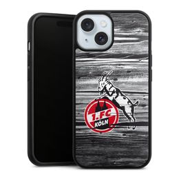 DeinDesign iPhone 15 Handy Gallery Case Handyh&uuml;lle 9H Geh&auml;rtetes Glas R&uuml;ckseite H&uuml;lle 1. Fc K&ouml;ln Wooden Look Official Licensed Product Gallery Case