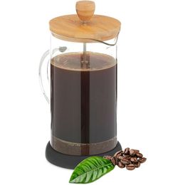 Relaxdays Kaffeebereiter, manuelle Stempelkanne, Siebeinsatz, 1 l, Glas mit Bambusdeckel, Teebereiter, transparent/natur