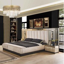 JVmoebel Wohnzimmer-Set Bett 2 Nachttisch 3tlg Luxus Designer Möbel Doppelbett Gold Sofort