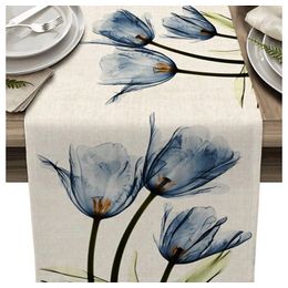 FELIXLEO Tischläufer Tischläufer Blaue Blume 33x180cm Waschbare Leinen Tischdecke Floral