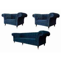 JVmoebel Wohnzimmer-Set Blaue Chesterfield Sofagarnitur Couch Polster Set Sitzgarnitur 3+1+1