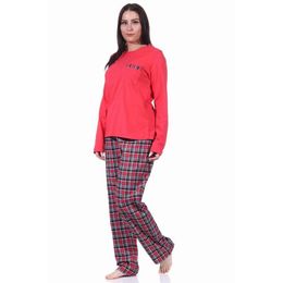 Normann Pyjama Damen Flanell Schlafanzug lang mit Flanell Hose und Jersey Oberteil