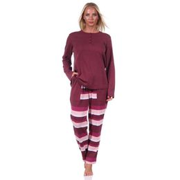 Normann Pyjama Damen Schlafanzug mit gestreifter Hose in Kuschel Interlock Qualität