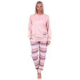 Normann Pyjama Damen Pyjama mit Bündchen und gestreifter Hose + Herzmotiv