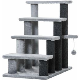 Haustiertreppe Katzentreppe mit Kratzbaum Ball 4-stufige Hundetreppe Tiertreppe Spanplatte Plüsch Jute Grau 60 x 40 x 64 cm - Grau - PawHut