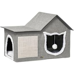 PawHut Katzenhaus mit Kratzfläche, inkl. Spielball, Katzenhöhle, 65 cm x 41 cm x 45.5H cm, Braun + Weiß + Beige - Grau