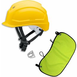 Schutzhelm pheos s-kr en 397 - Vormontierter 4-Punkt Kinnriemen und Vollsichtbrillenclip + Nackenschutz gelb mit bg Bau Förderung - Uvex