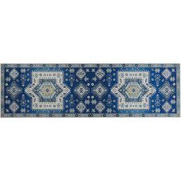 Beliani Teppich Blau / Beige Polyester 60 x 200 cm Kurzflor mit geometrischem Muster Maschinengewebt Rechteckig Wohnzimmer Flur Modern - Beige