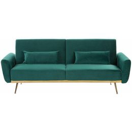 Beliani 3-Sitzer Sofa Smaragdgrün Samt mit Schlaffunktion 2 Dekokissen Hohe Schlanke Metallbeine Schmale Armlehnen Retro Design Wohnzimmer Schlafsofa - Kupfer