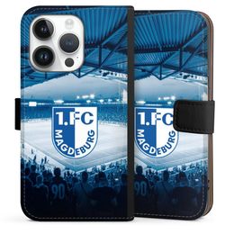 DeinDesign iPhone 14 Pro Handy Klapph&uuml;lle Handyh&uuml;lle aus Kunst Leder schwarz Flip Case Stadium 1. Fcm 1. Fc Magdeburg Sideflip mit langer Lasche