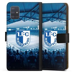 DeinDesign Galaxy A51 Handy Klapph&uuml;lle Handyh&uuml;lle aus Kunst Leder schwarz Flip Case Stadium 1. Fcm 1. Fc Magdeburg Sideflip mit Lasche