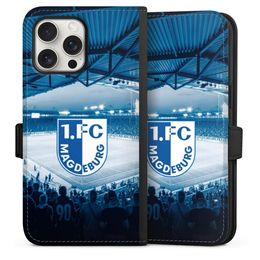 DeinDesign iPhone 15 Pro Max Handy Klapph&uuml;lle Handyh&uuml;lle aus Kunst Leder schwarz Flip Case Stadium 1. Fcm 1. Fc Magdeburg Sideflip mit Lasche