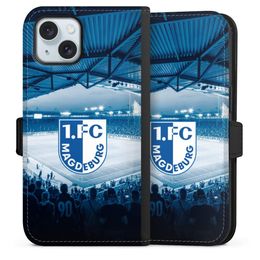 DeinDesign iPhone 15 Handy Klapph&uuml;lle Handyh&uuml;lle aus Kunst Leder schwarz Flip Case Stadium 1. Fcm 1. Fc Magdeburg Sideflip mit Lasche