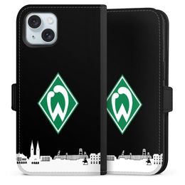 DeinDesign iPhone 15 Handy Klapph&uuml;lle Handyh&uuml;lle aus Kunst Leder schwarz Flip Case Skyline Sv Werder Bremen Official Licensed Product Sideflip mit Lasche