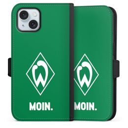 DeinDesign iPhone 15 Handy Klapph&uuml;lle Handyh&uuml;lle aus Kunst Leder schwarz Flip Case Moin Official Licensed Product Sv Werder Bremen Sideflip mit Lasche