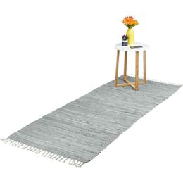 Flickenteppich Baumwolle, 80x200 cm, Teppichläufer mit Fransen, rutschfest & handgewebt, Fleckerlteppich, grau - Relaxdays