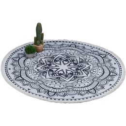 Teppich rund, Boho-Teppich im Mandala-Design, ø 120 cm, Baumwollteppich mit Fransen, rutschfest, creme/schwarz - Relaxdays