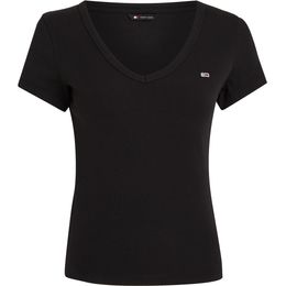 Tommy Jeans T-Shirt, V-Ausschnitt, Logo-Stickerei, für Damen, schwarz, XL