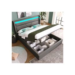 WISHDOR Polsterbett Doppelbett Bett mit LED Beleuchtungsleiste (140x200cm