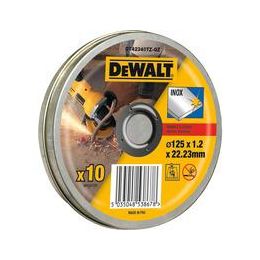 Dewalt Trennscheibe Edelstahl DT42340TZ, Ø 125mm 10 Stück, Bohrung 22,23mm, A 60 TBF Materialeignung: Edelstahl INOX Durchmesser: 125 mm Bohrung: 22,23 mm Anzahl: 10 Stück