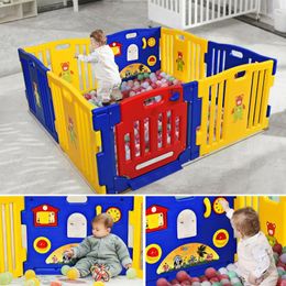 Goplus - Baby Laufgitter, Laufstall mit Spielzeug, Absperrgitter mit Tür & Schloss, Krabbelgitter aus Kunststoff, Frei Kombinierbares Design, Stabil