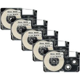 5x Schriftband-Kassette kompatibel mit Casio KL-200E, KL-300, KL-60, KL-7000, KL-70E, KL-7200, KL-7400 Etiketten-Drucker 18mm Schwarz auf Weiß - vhbw
