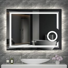 Led Badspiegel 90 x 70 cm Badezimmerspiegel mit Beleuchtung Wandspiegel mit 3-Fach Vergrößerung Schminkspiegel, Touchschalter 3 Lichtfarbe