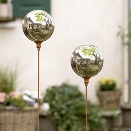 Dekoleidenschaft - Gartenstecker Kugel aus Metall im Rost Design, 118 cm hoch, Dekostecker mit verspiegelter Kugel, Gartendeko für Draußen,